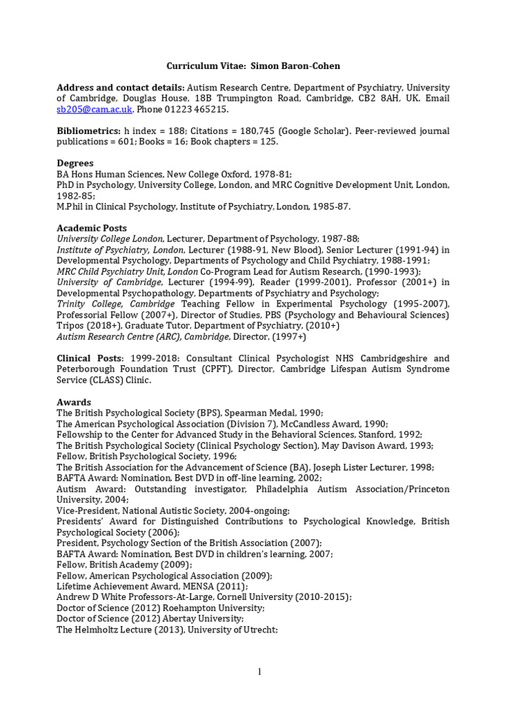 CV of Simon Baron | PDF | Autism Spectrum | Psychology