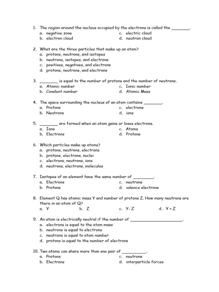 Grade 9 Atomic Structure Worksheet | PDF | Atoms | Ion