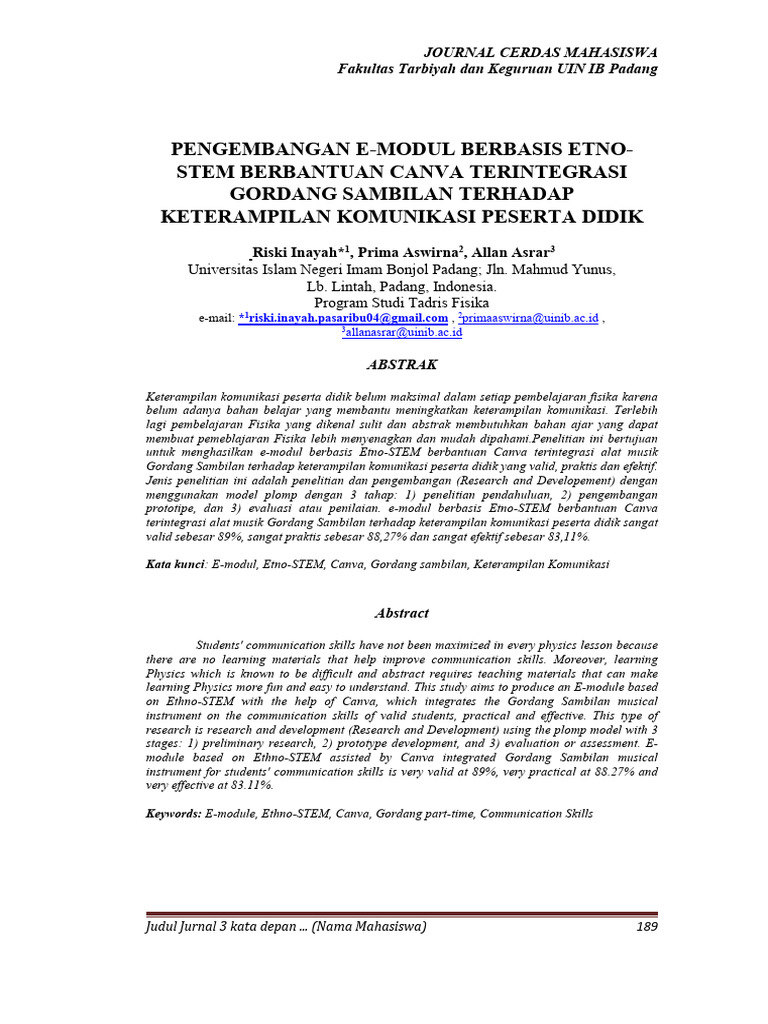 Pengembangan E-Modul Berbasis Etno-Stem Berbantuan Canva Terintegrasi Gordang Sambilan Terhadap ...