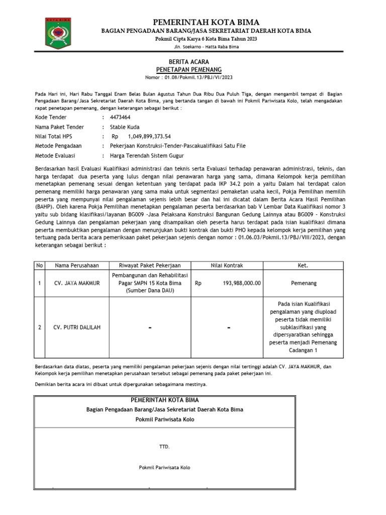 Penetapan Pemenang Tender Kuda | PDF