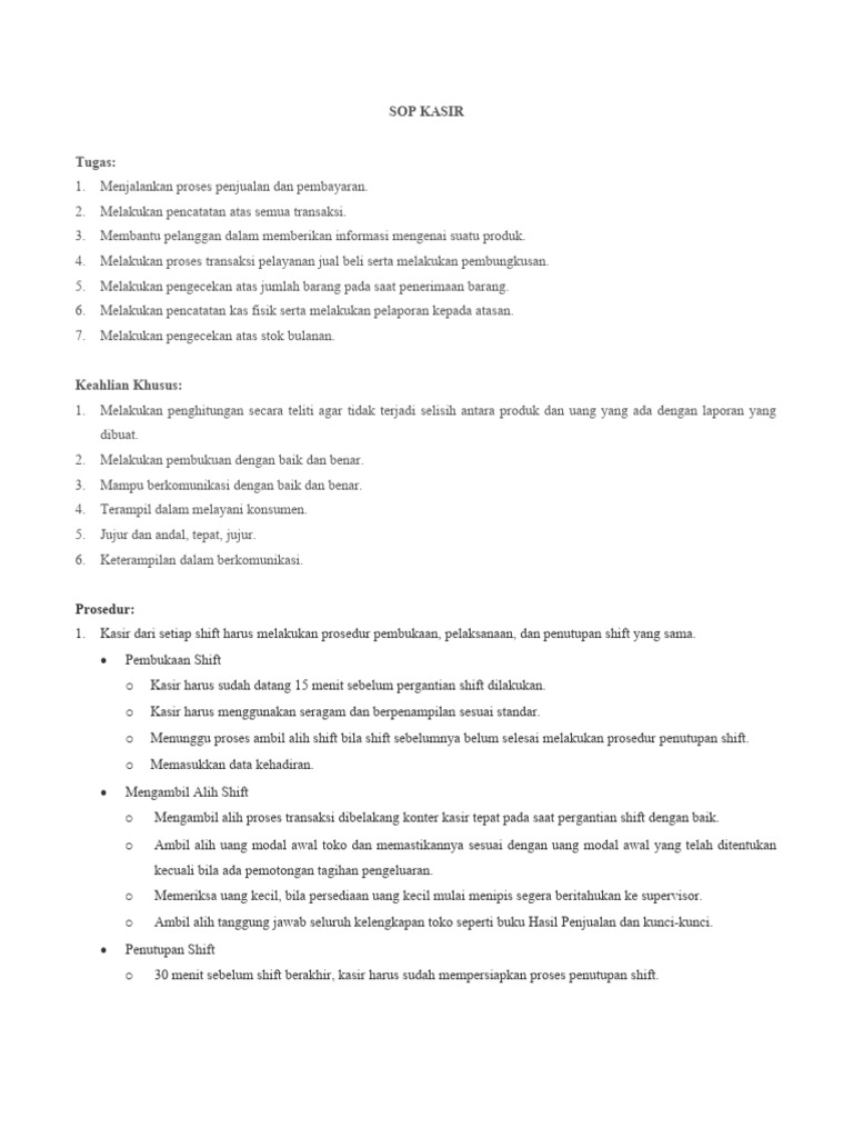 SOP Pelayanan Kasir | PDF | Pengelolaan Keuangan & Uang