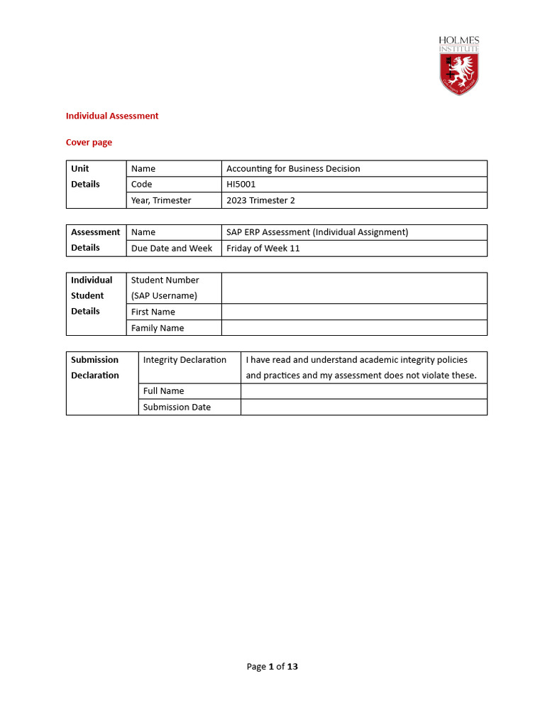 HI5001 2023 T2 SAP ERP Assessment | PDF | Plagiarism | Academic Integrity