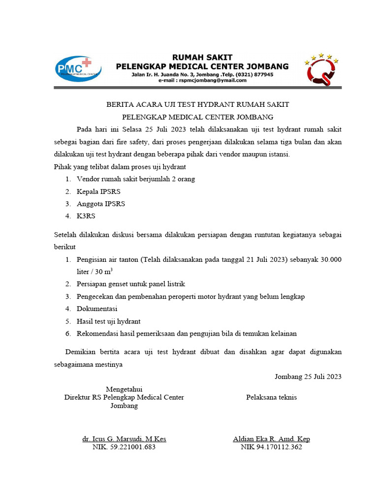 Berita Acara Uji Test Hydrant RS Pelengkap Medical Center Jombang | PDF
