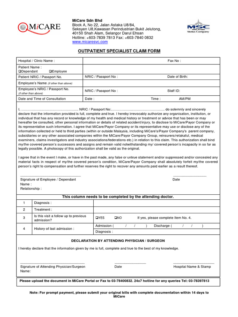 Micare Outpatient Specialist Claim Form | PDF | Health Sciences ...