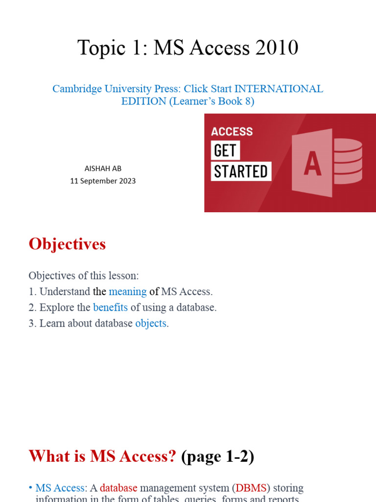 Cambridge ICT Year 9 Topic 1 Slides | PDF | Databases | Microsoft Access