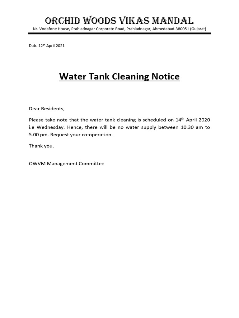 Water Tank Cleaning Notice | PDF