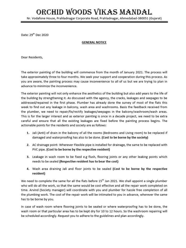 Notice: Upcoming Building Painting | PDF | Plumbing | Building Technology