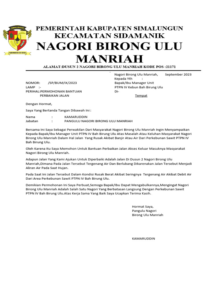 Surat Permohonan Perbaikan Jalan | PDF