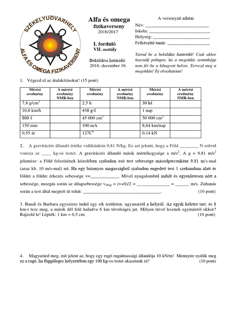 Feladatlap 7.oszt 2016 17 | PDF