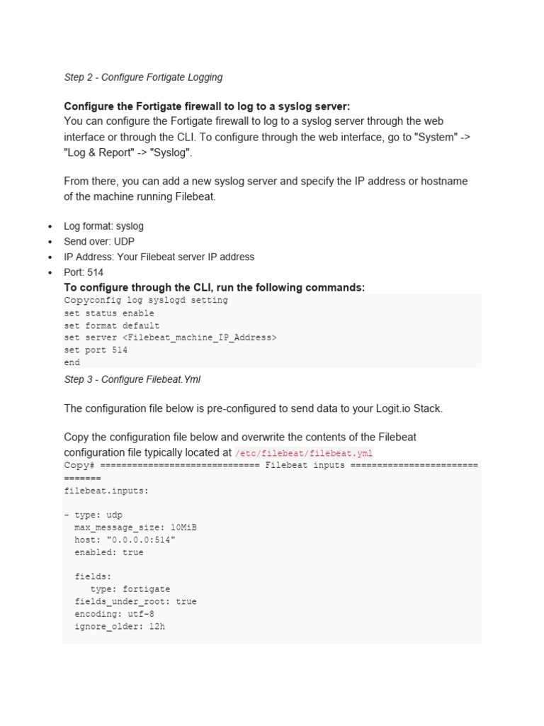 Step 2 - Configure Fortigate Logging: /etc/filebeat/filebeat - Yml | Download Free PDF | Port ...
