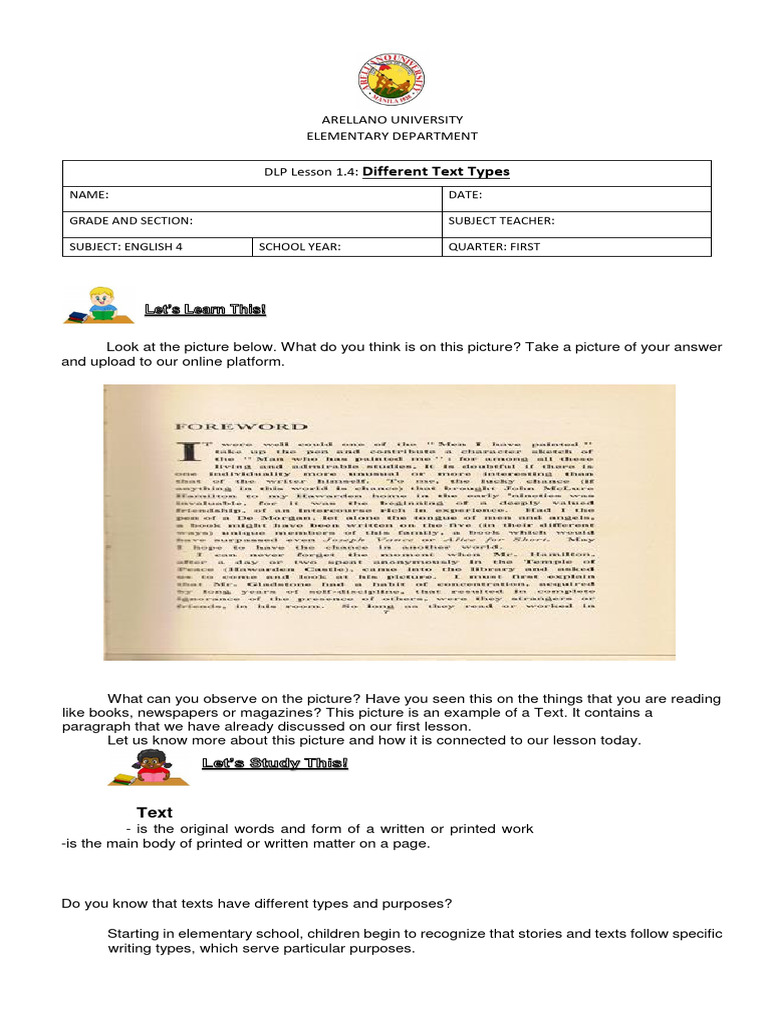 Types of Texts for English 4 Students | PDF | Books | Writing