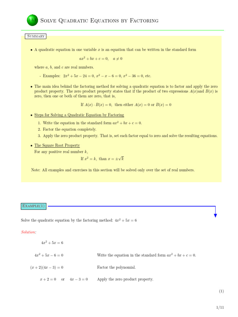 1.3 Quadratic Equations | PDF | Quadratic Equation | Factorization