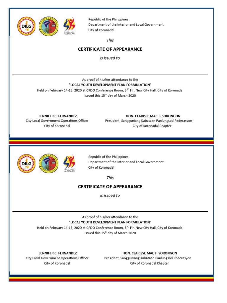 Certificate of Appearance For Lydp Formulation For SK Chairpersons | PDF