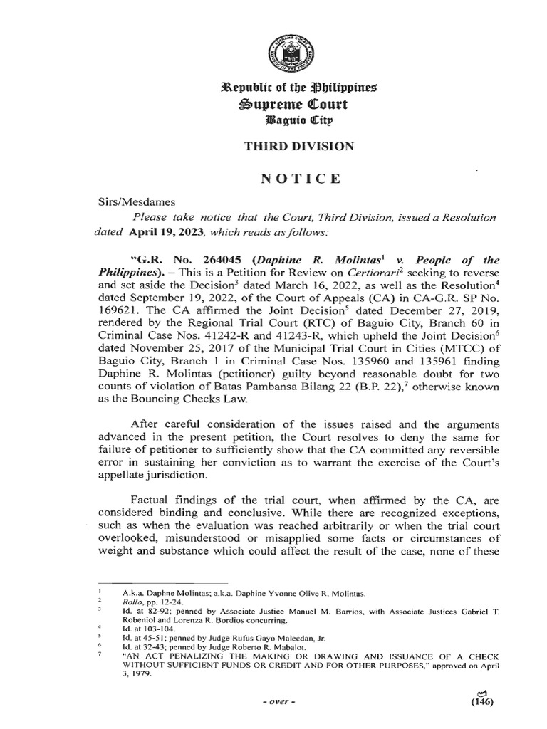 BP 22 - Molintas vs. People | PDF | Fine (Penalty) | Crimes