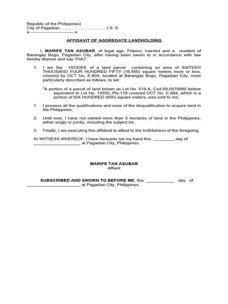 Affidavit of Aggregate Landholding & Non-Tenancy | PDF | Affidavit ...