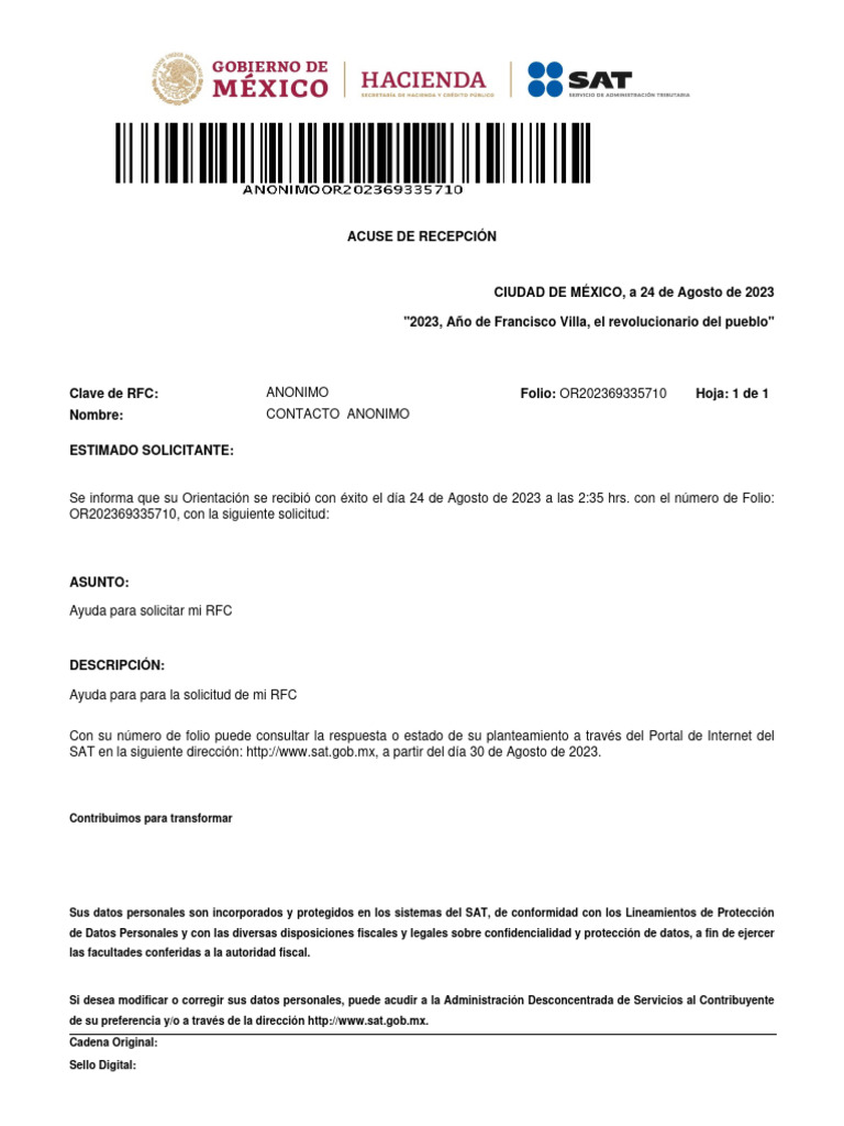 Acuse de Recepción del SAT 2023 | PDF | Política