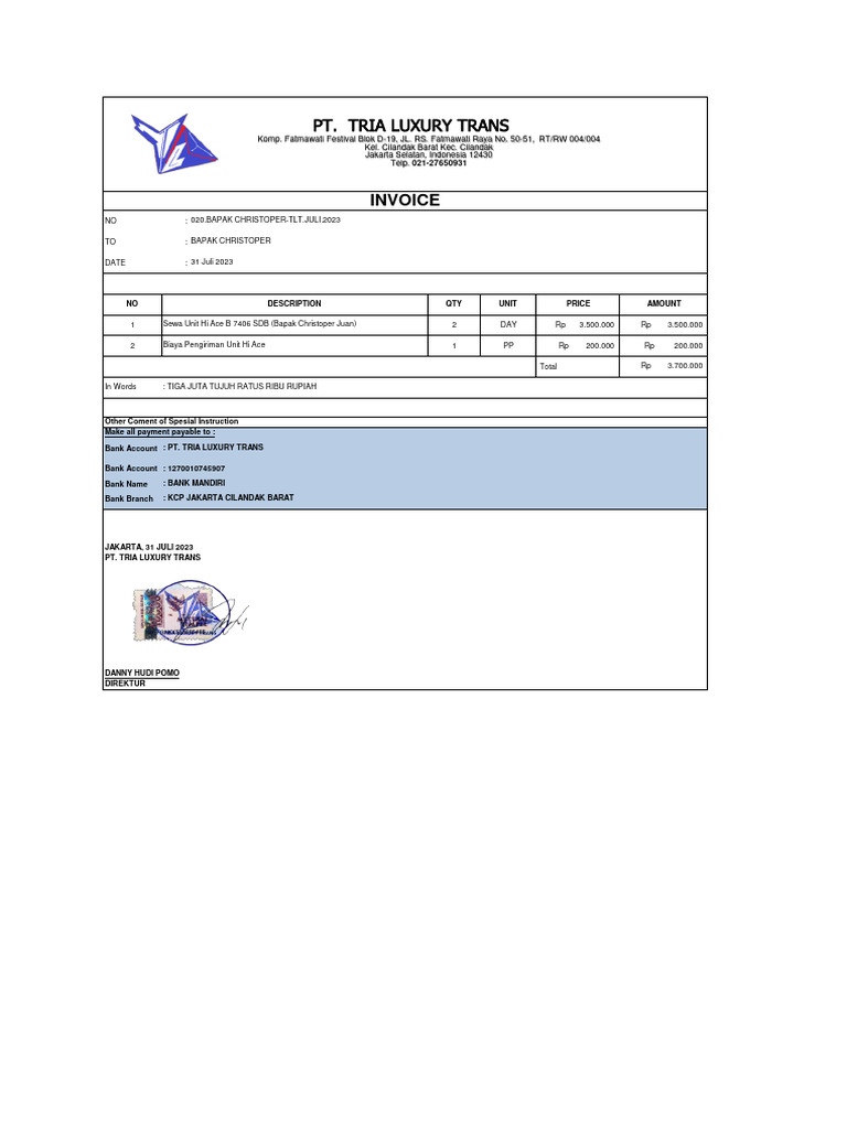 Invoice for Hi Ace Rental Service | PDF
