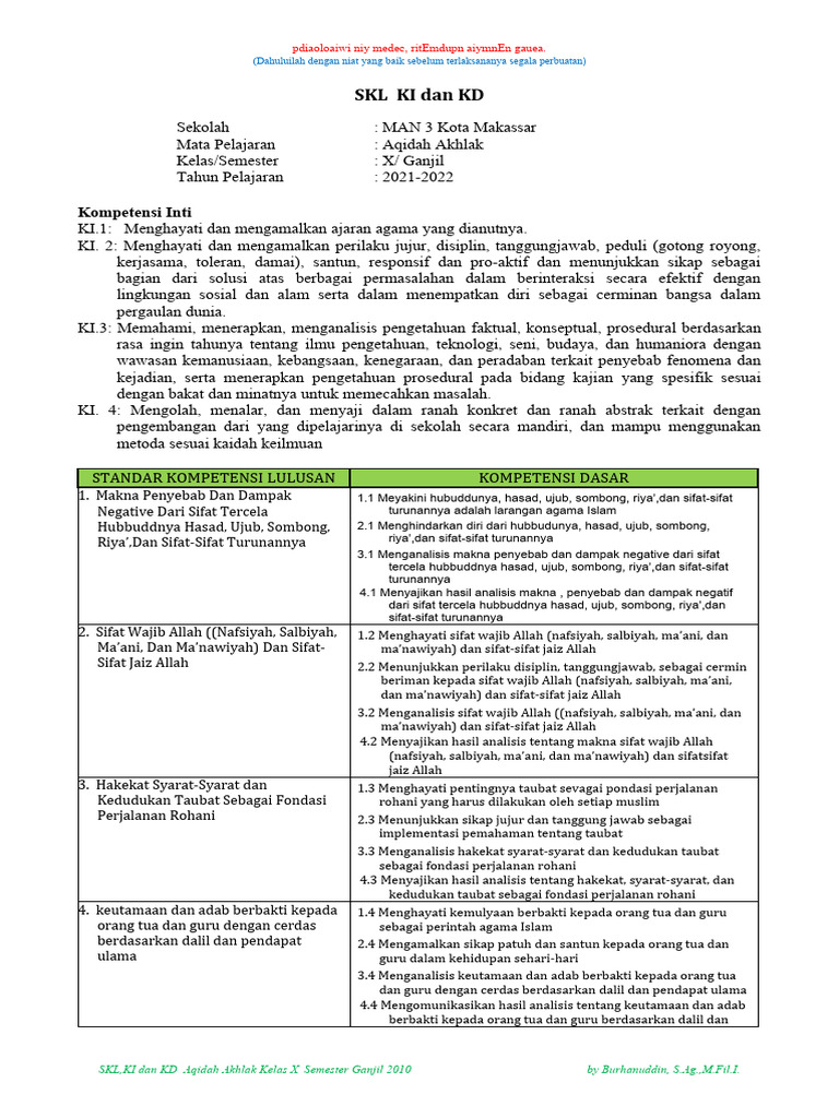 SKL, KI dan KD Akidah Akhlak X Ganjil 2021 | PDF