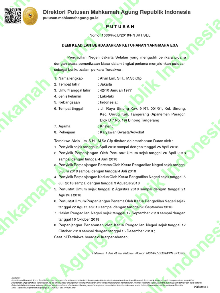 Putusan 1036 Pid.b 2018 PN JKT - Sel 20230907101210 | PDF