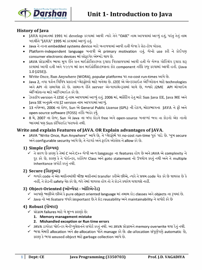 Java GTU Study Material E-Notes Unit-1 22102022075049AM | PDF