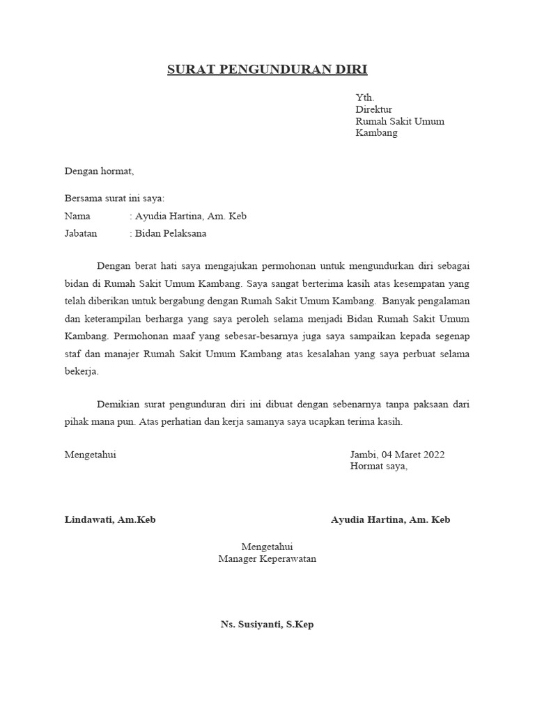 Surat Pengunduran Diri Bidan Hartina | PDF