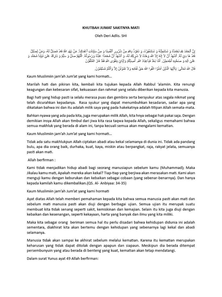 Khutbah Jumat - Sakitnya Mati | PDF