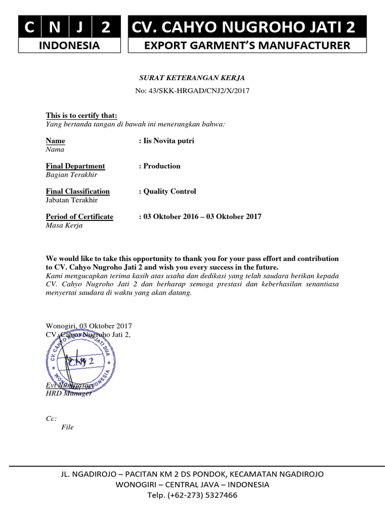 Paklaring-Cv. Cahyo Nugroho Jati 3 | PDF