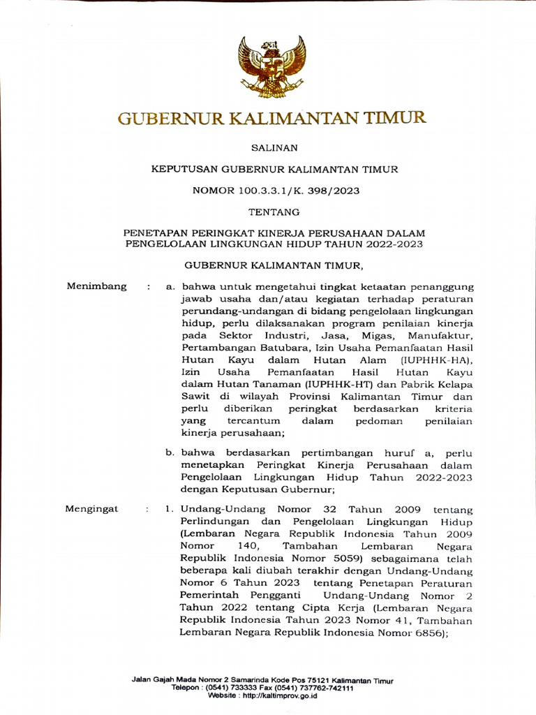 SK GUB KALTIM - Penetapan Peringkat PROPERDA Kaltim 2022-2023 | PDF