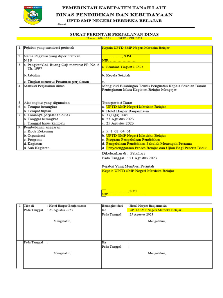 Contoh SPPD Perjalanan Dinas Sekolah | PDF