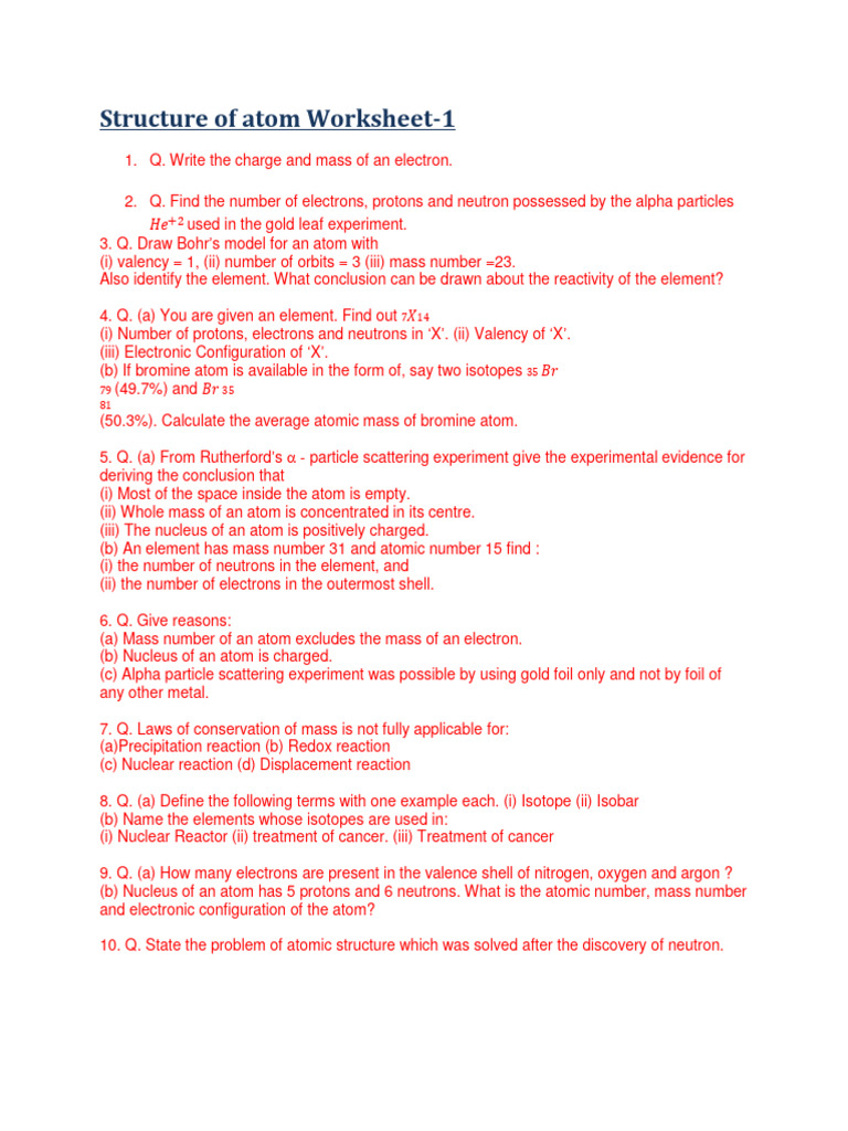 Structure of Atom Worksheet | PDF