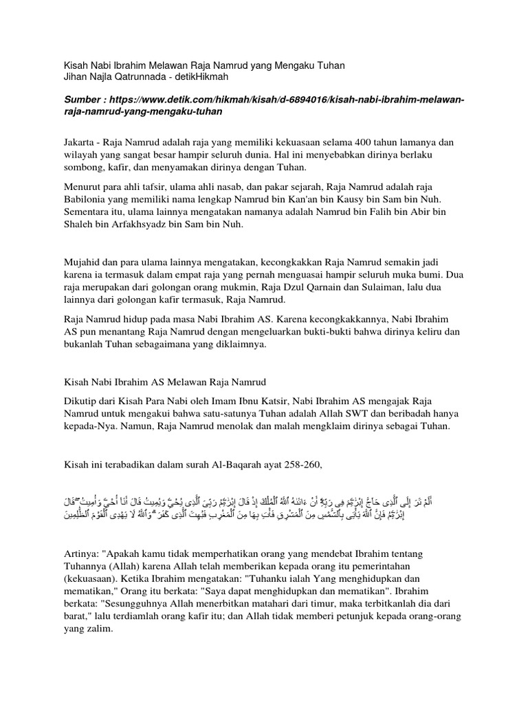 Kisah Nabi Ibrahim Melawan Raja Namrud Yang Mengaku Tuhan | PDF