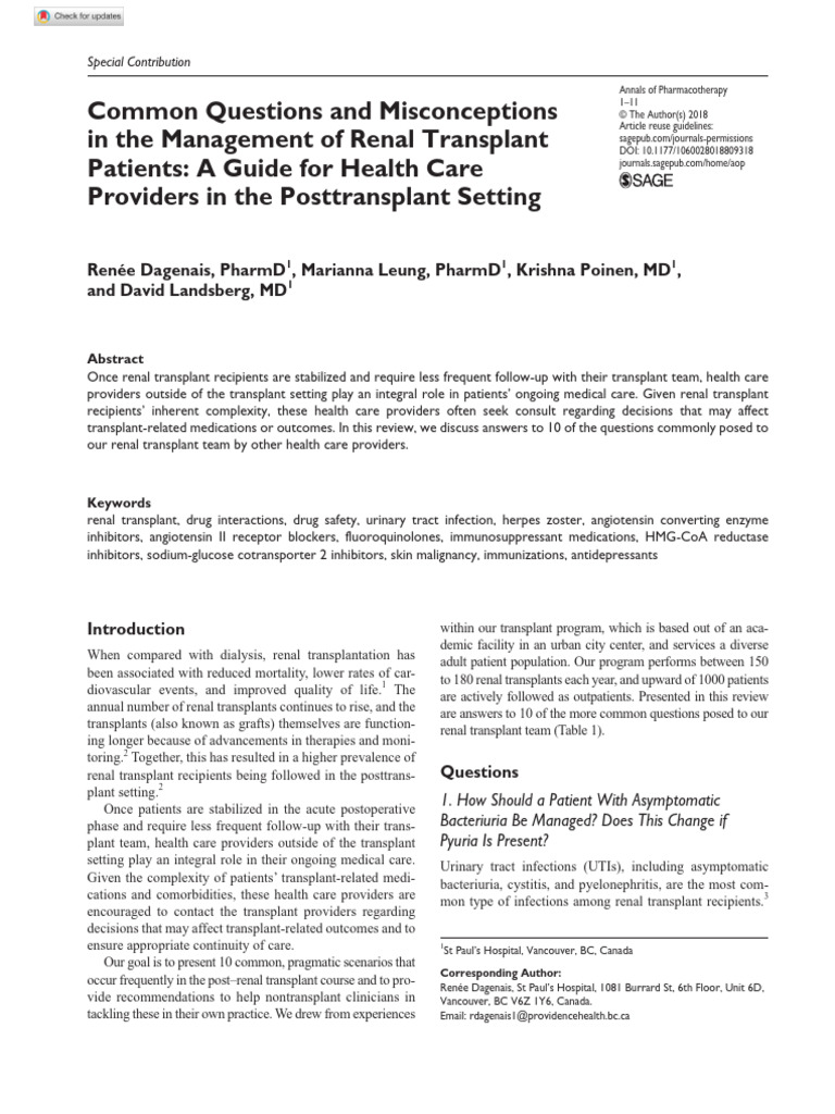 Common Questions and Misconceptions in The Management of Renal Transplant Patients: A Guide For ...