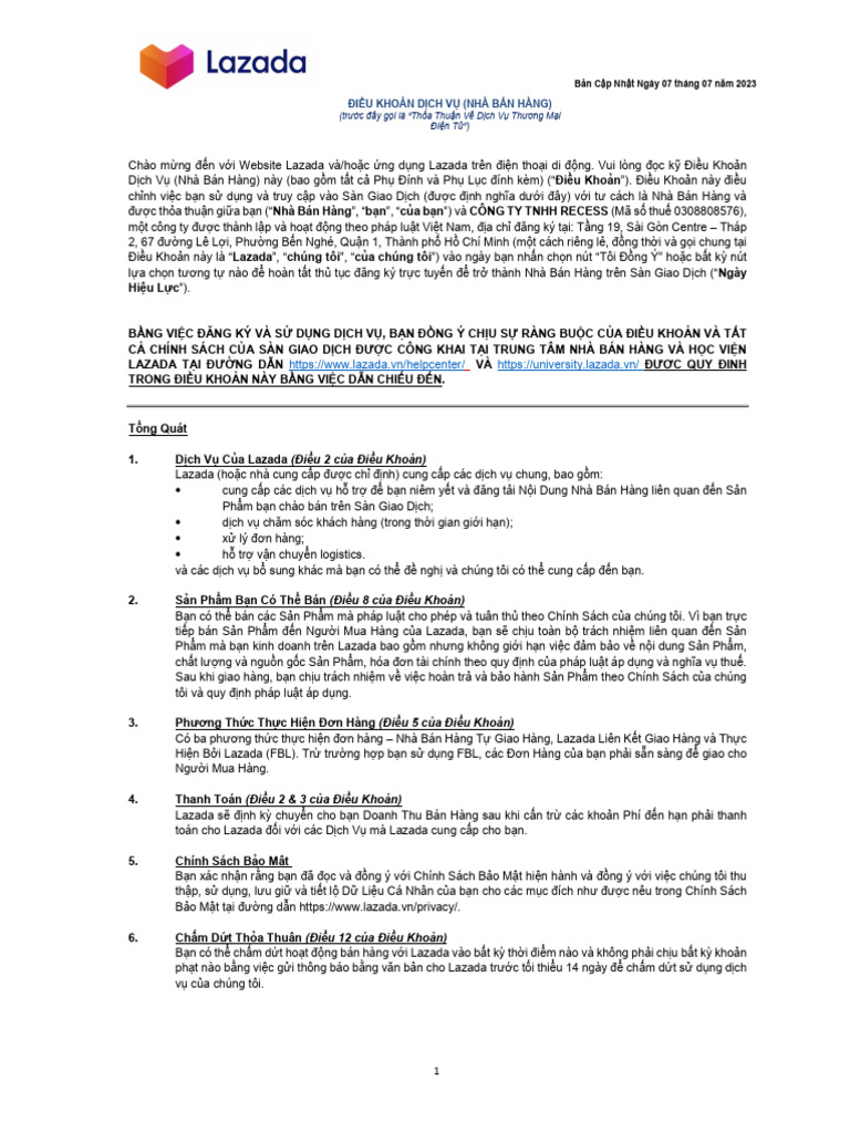 Điều Khoản Dịch Vụ (Nhà Bán Hàng) - Lazada - 20230707 (VN) | PDF