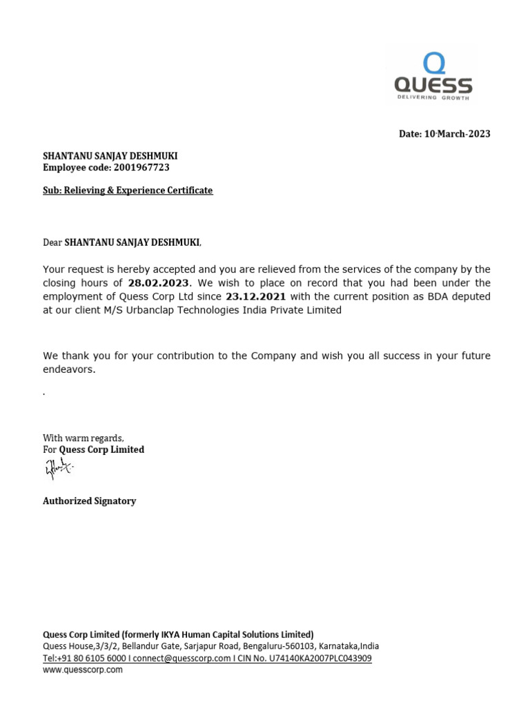 Quess Corp Relieving Certificate for Shantanu | PDF