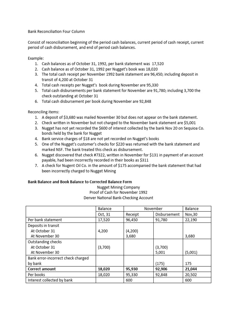 Four Column Bank Reconciliation Example | PDF | Cheque | Banks