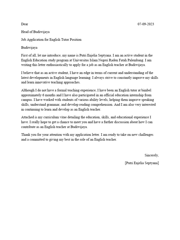 Application for English Tutor Position | PDF | Language Arts & Discipline