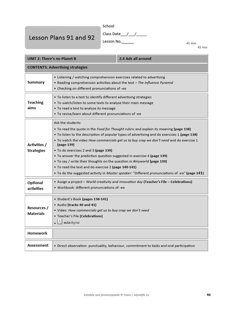 Lesson Plans - U2.4 | PDF | Lesson Plan | Reading Comprehension