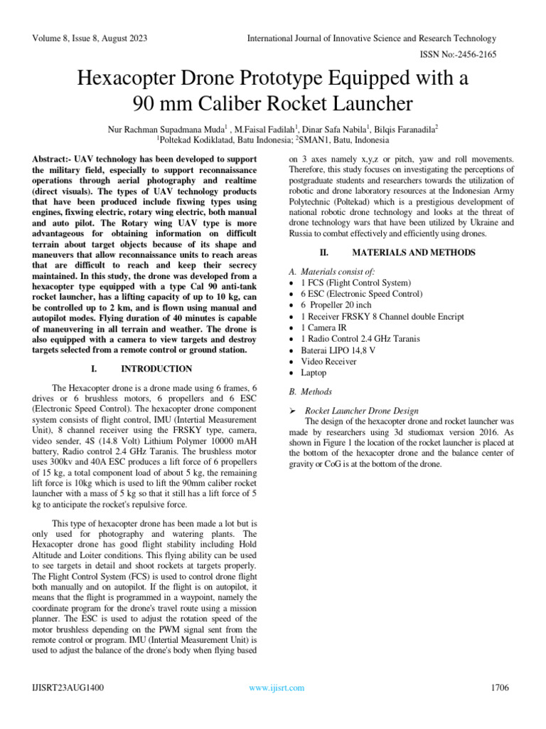 Drone Hexacopter Ijisrt | PDF | Unmanned Aerial Vehicle | Rocket