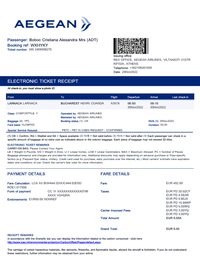 Aegean Airlines Electronic Ticket Receipt | PDF