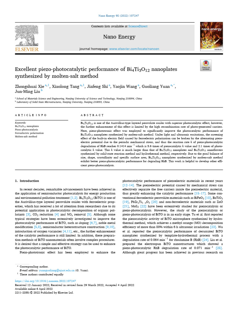 Excellent Piezo-Photocatalytic Performance of Bi4Ti3O12 Nanoplates ...