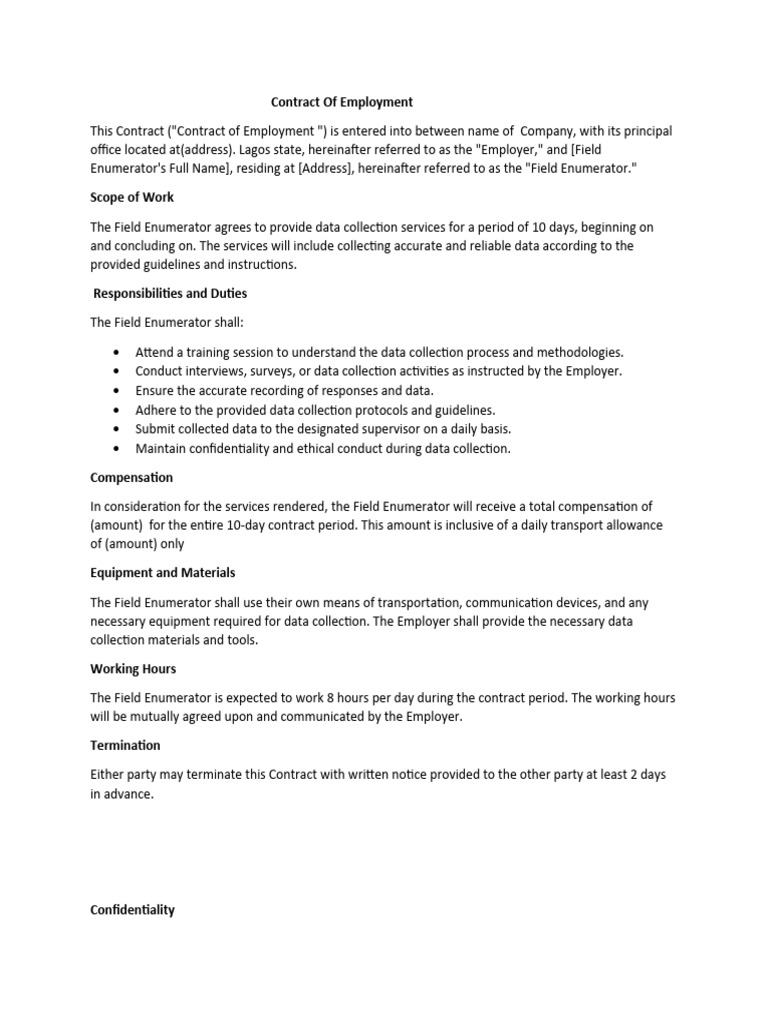Field enumerator Contract of employment | PDF | Indemnity | Employment