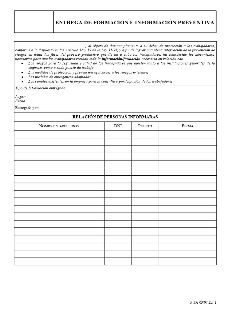 Entrega Formacion Informacion Preventiva | PDF
