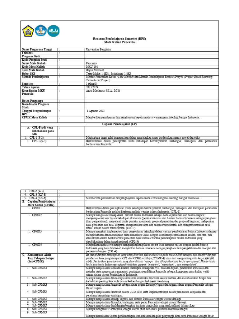 RPS Pancasila - 2023 | PDF | Karier & Perkembangan