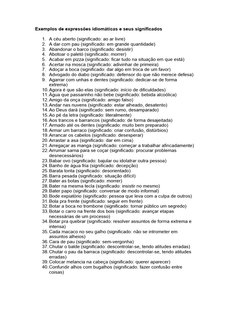 Exemplos de Expressões Idiomáticas e Seus Significados | PDF | Artes ...
