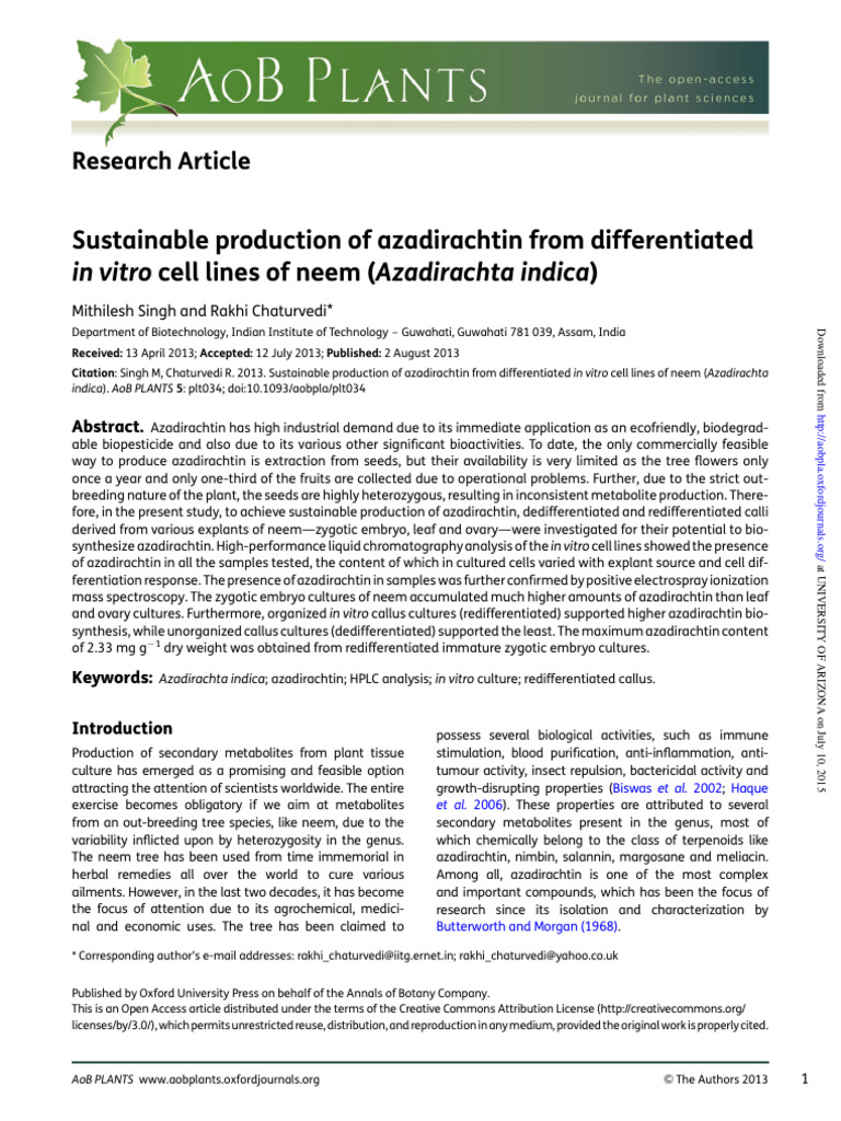Sustainable Production of Azadirachtin From Differentiated in Vitro ...