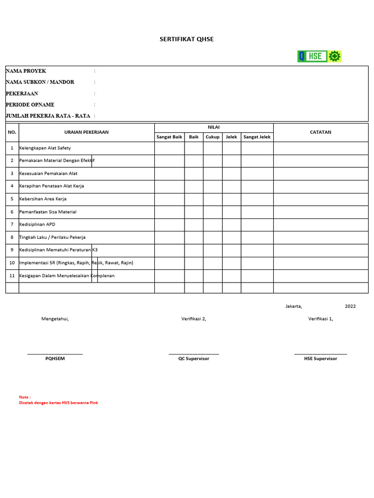 Contoh Format Sertifikat Qhse | PDF