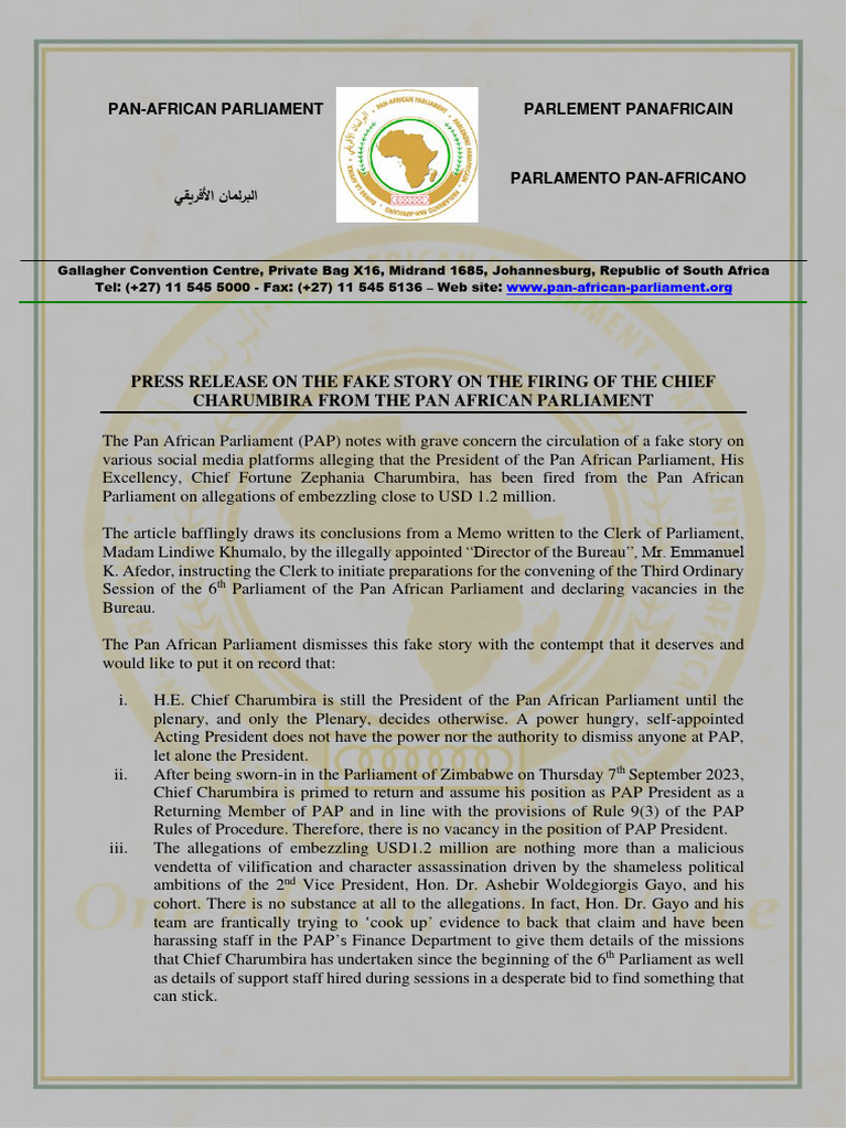 Press Release On The Fake Story On Firing of Chief Charumbira From The ...