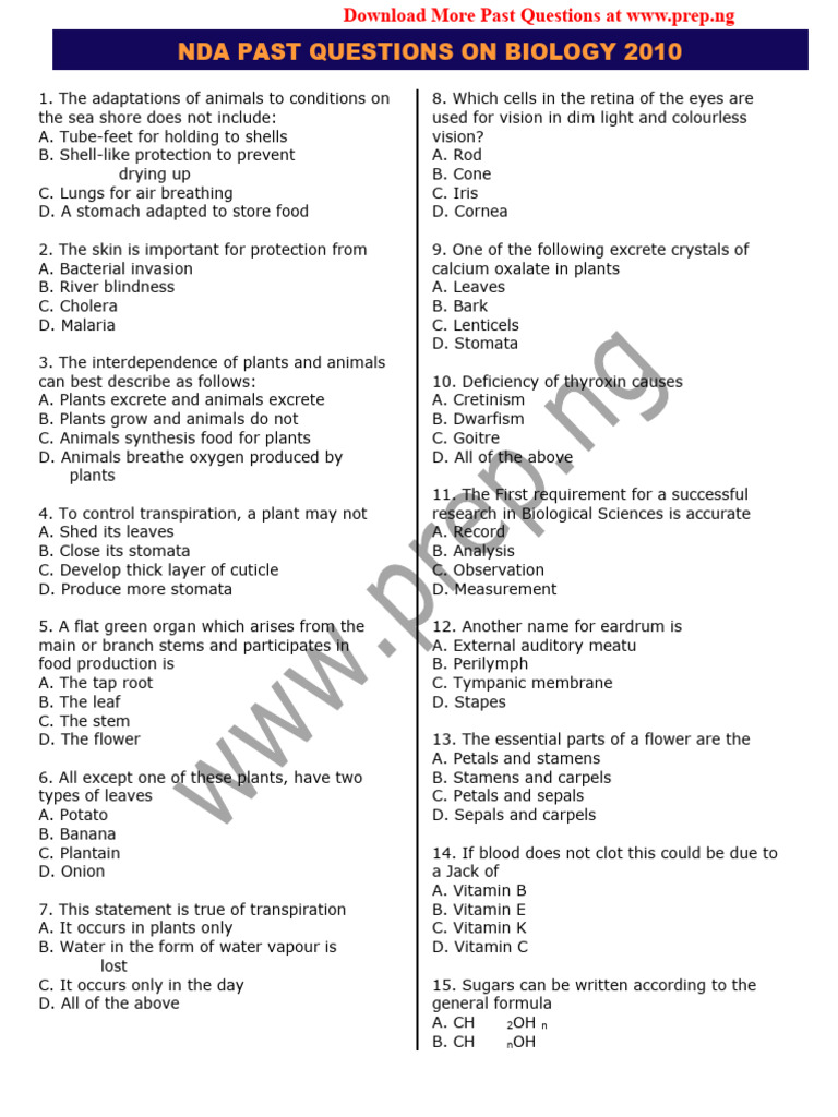 NDA Biology Past Questions 2010 | PDF | Leaf | Plants