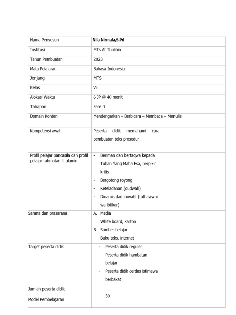 Modul Ajar NILA NIRMALA (Teks Prosedur) | PDF