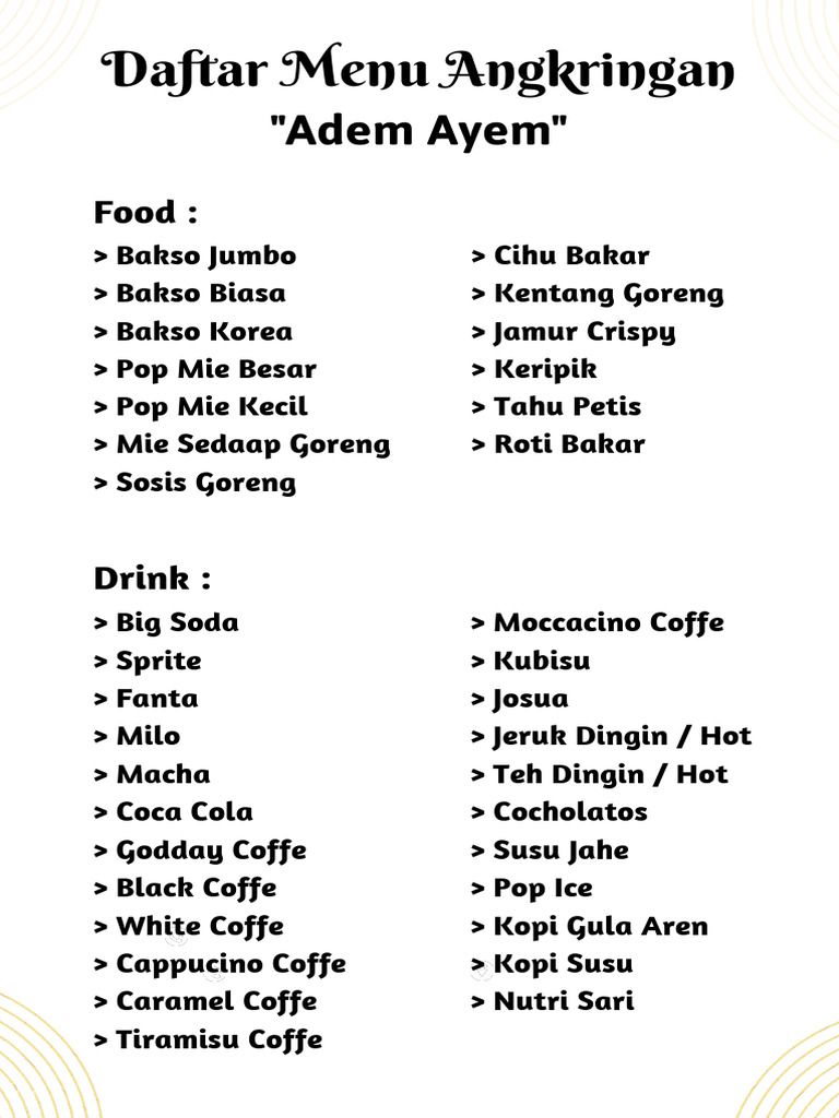 Daftar Menu Angkringan | PDF